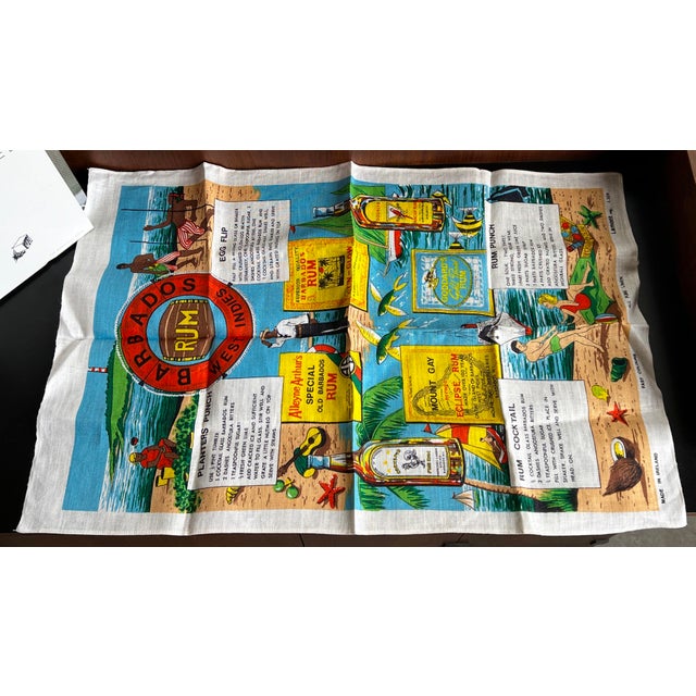 Vintage 1950's Lithographed Caribbean Barbados Rum Bar Towel | Chairish