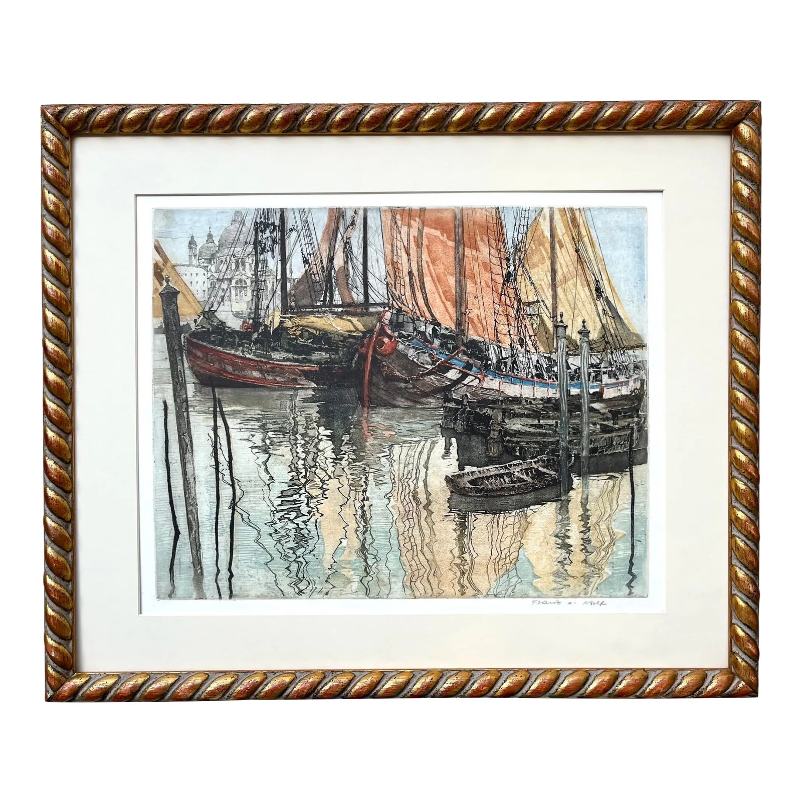 Vintage Color Etching Venice Italy Sail Boats Gondolas St Mark's ...