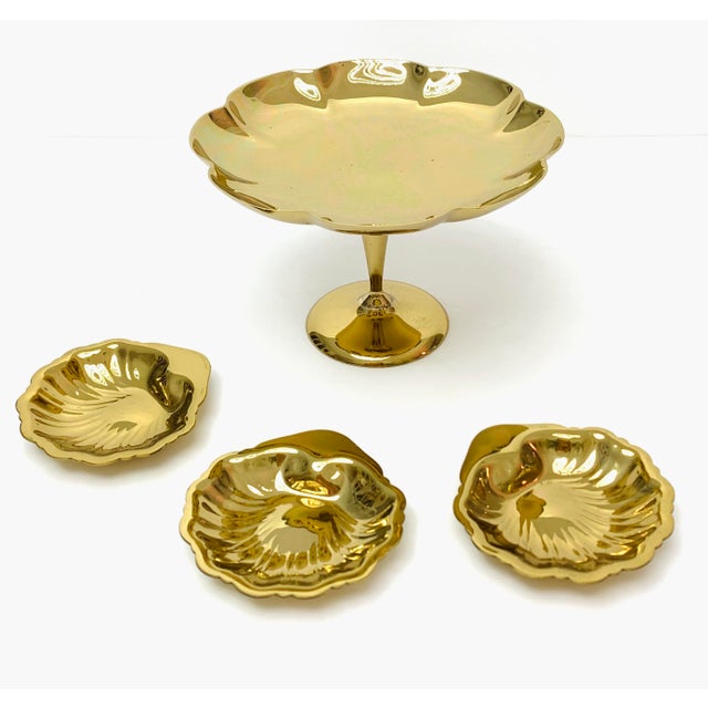 Vintage MCM Hollywood Regency Dirilyte Gold Bronze Appetizer Footed Dish and Shell Shaped Trays ...