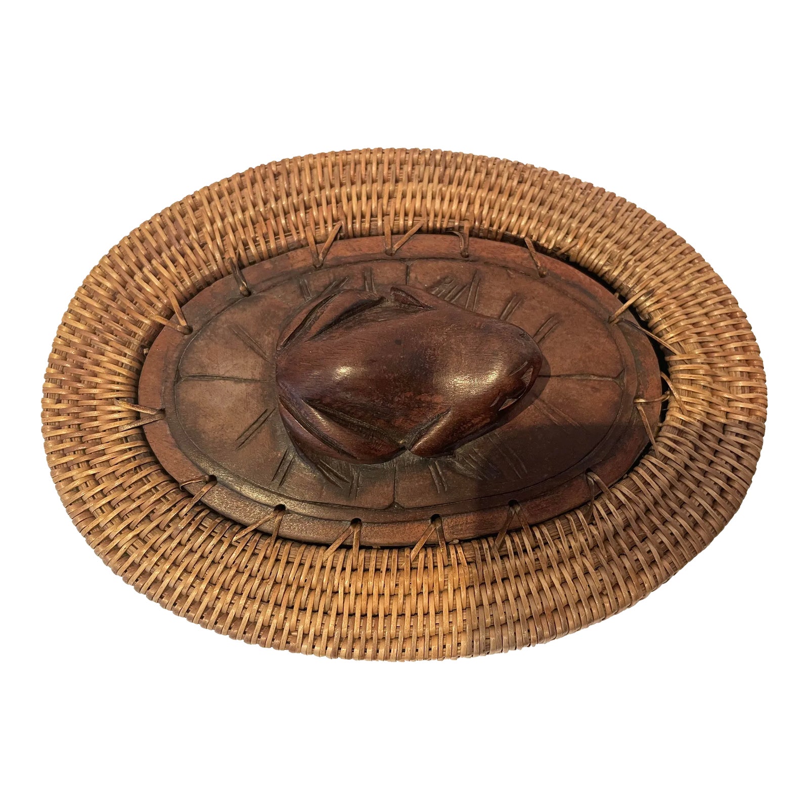 Vintage Asian Woven and Carved Box With Frog | Chairish