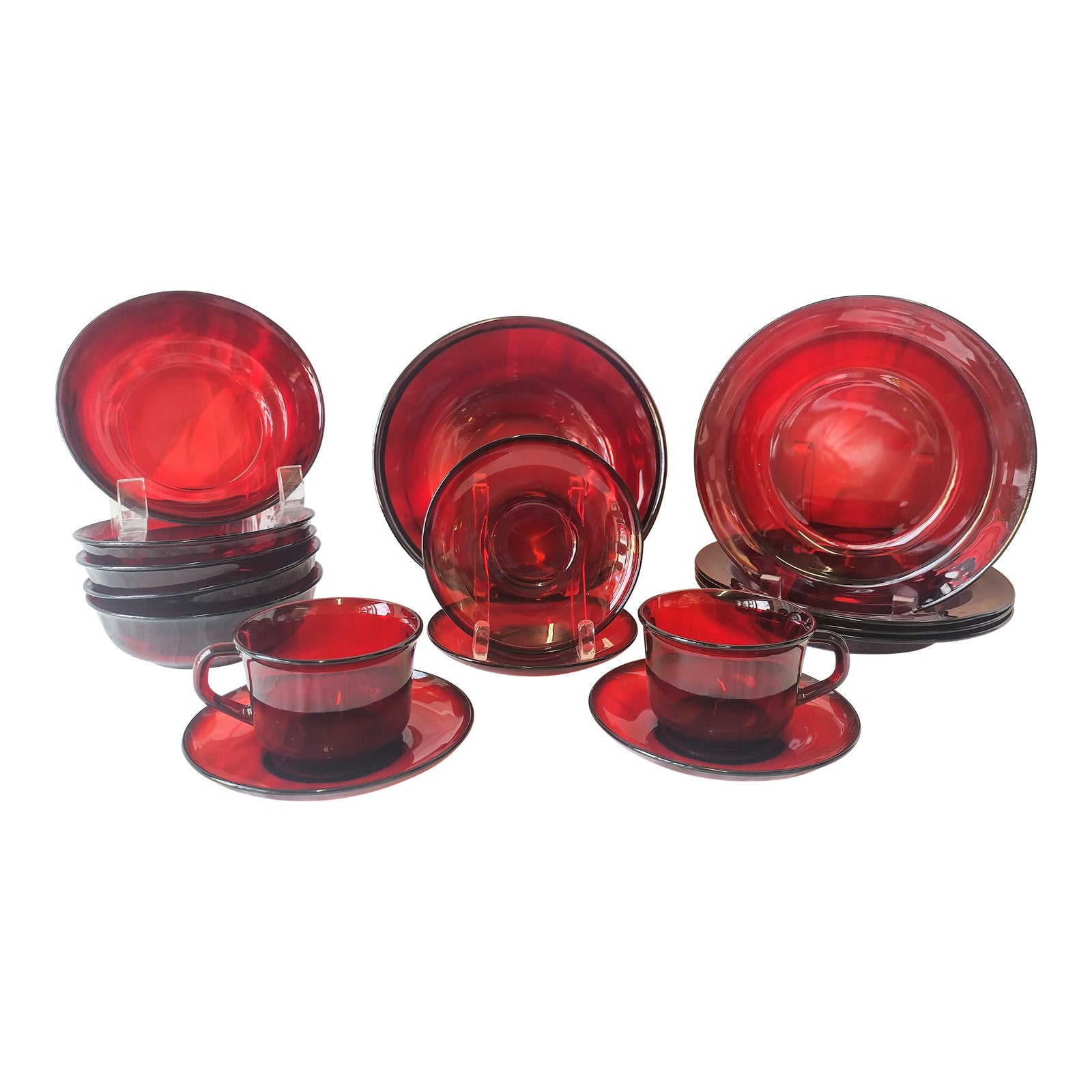 Vintage Arcoroc Ruby Red Glass Dish Set - Set of 18 | Chairish