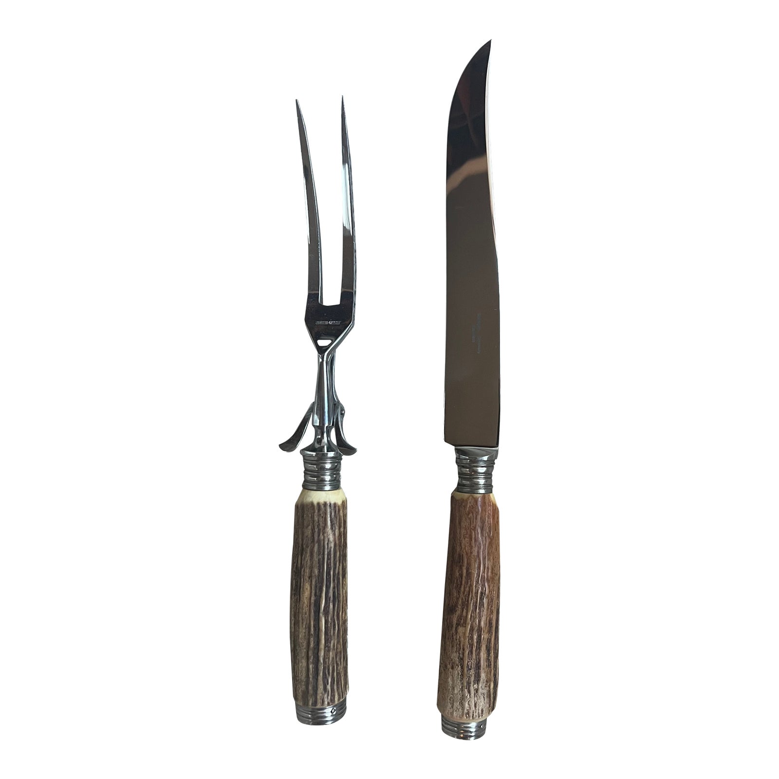 Vintage Stag Horn Carving Set- 2 Pieces | Chairish