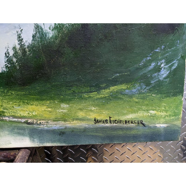 1970s Original Oil on Canvas "View Across Lake to Mount Rainier With ...