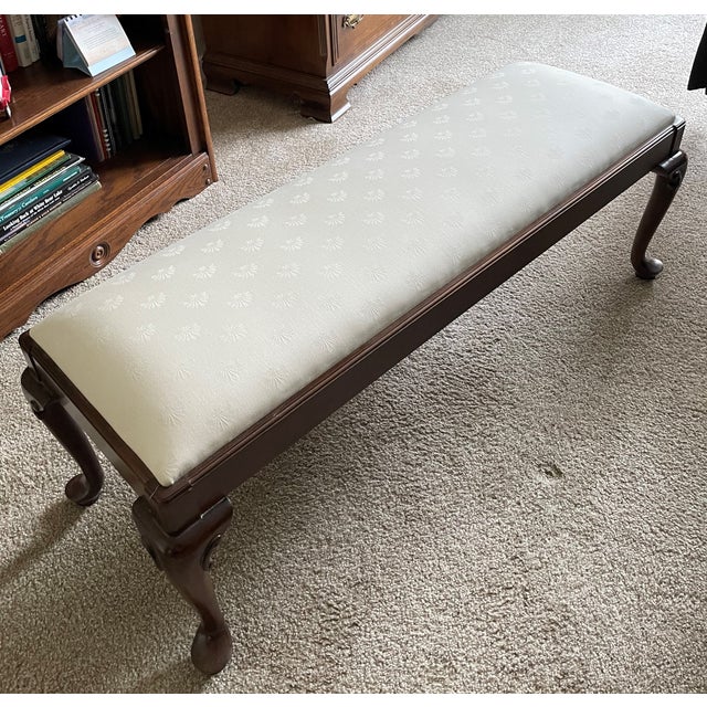 1990s Vintage Queen Anne Style Cherry Upholstered Bench by Century ...