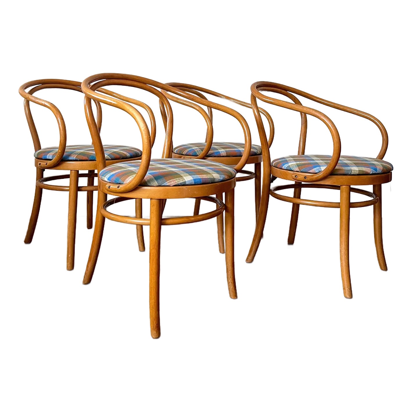 Set of 4 Thonet B9 Bentwood Armchairs, Reupholstered in Vintage Hoffman California Plaid Fabric ...