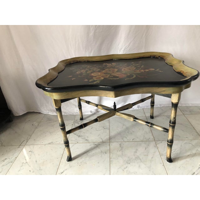Vintage Hand Painted Floral Wood Tray Table | Chairish