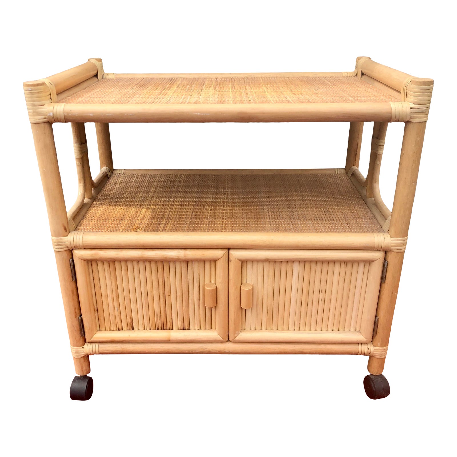 Mid-Century Natural Bamboo Rattan and Woven Cane Rolling Bar Cart ...