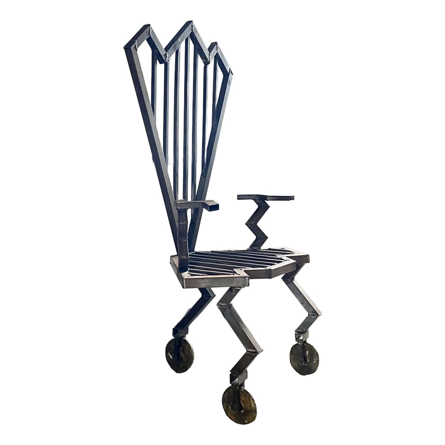 Industrial Welded Sculptural Steel Throne Chair on Brass Casters | Chairish