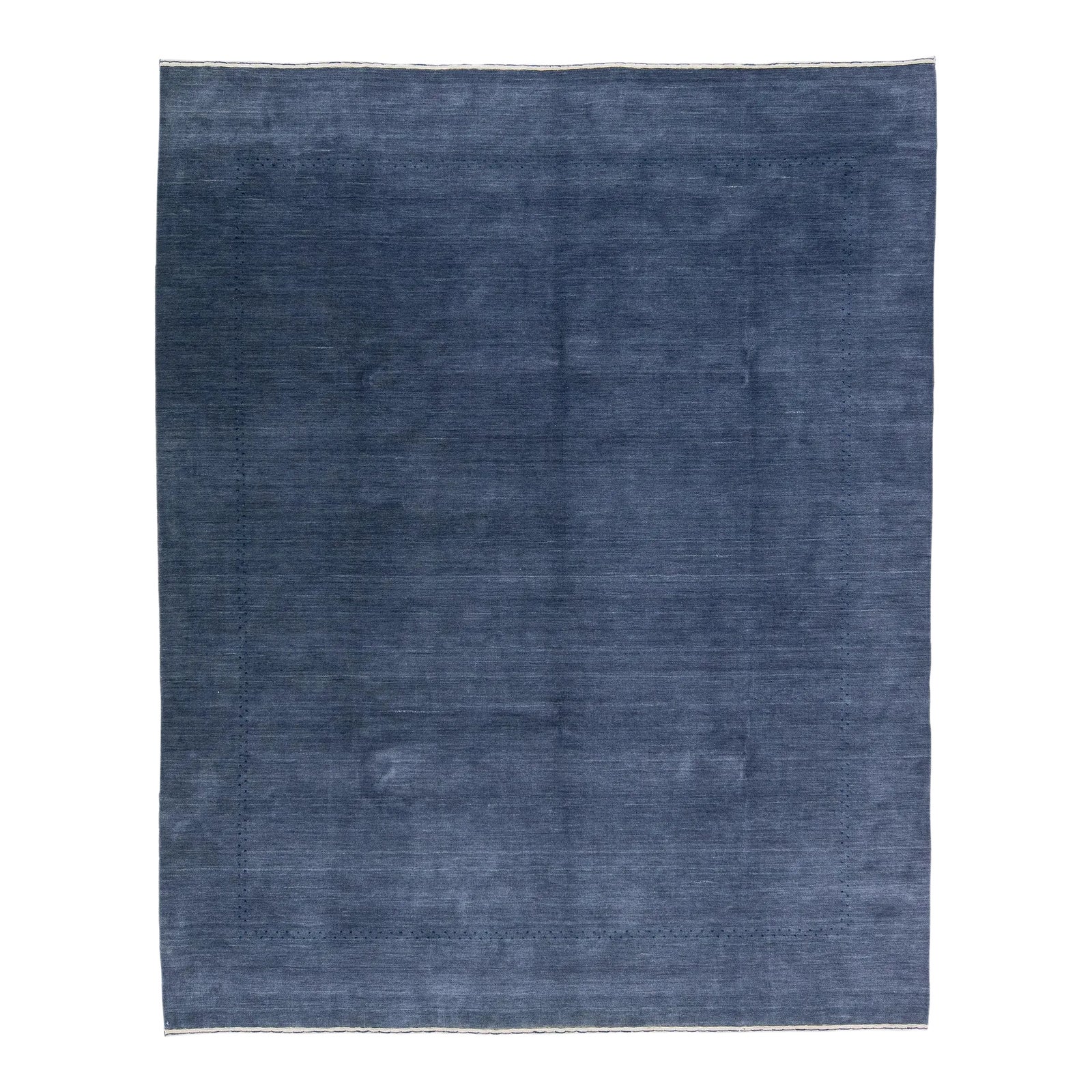 Modern Gabbeh Hand-Loom Solid Blue Wool Rug With Minimal Design | Chairish