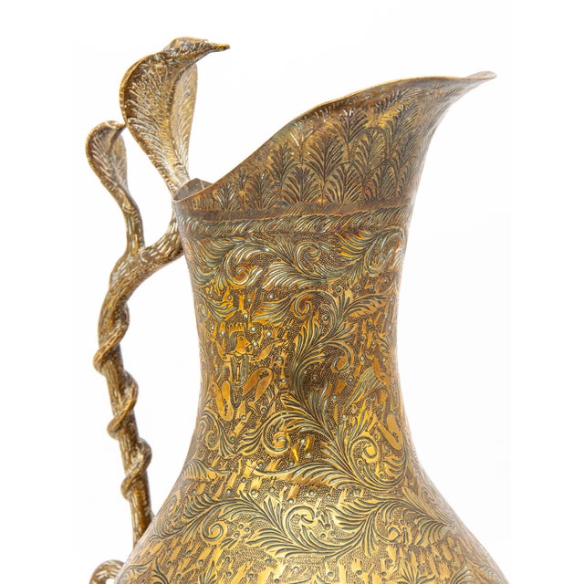 Vintage Brass Etched Pitcher With Snake Handle | Chairish