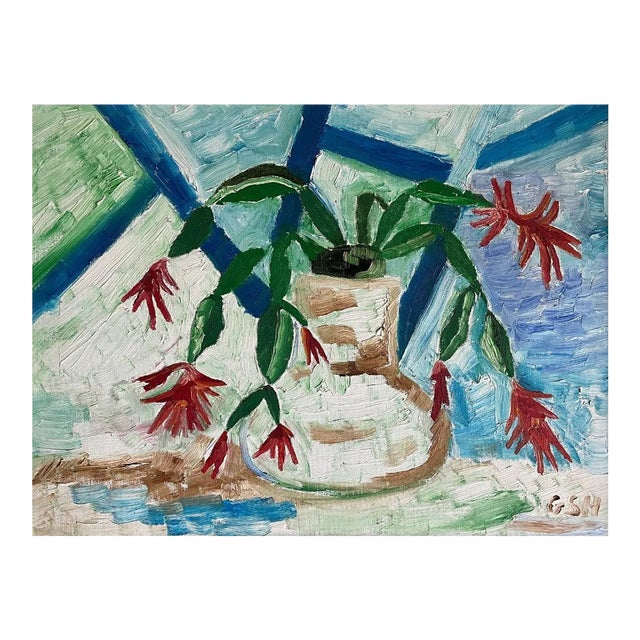 1970s Modern Red Flowers Still Life Oil Painting | Chairish
