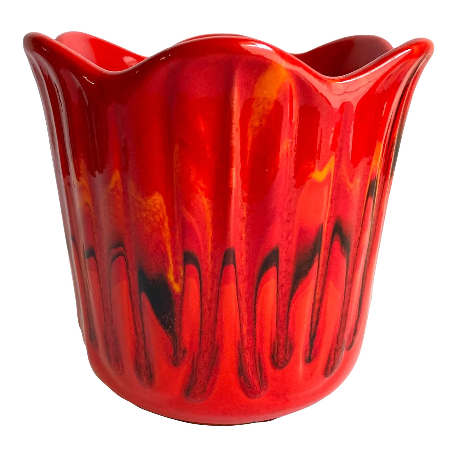 Mid Century Red Drip Glaze Planter Tulip Shape Black Orange Lava Usa ...
