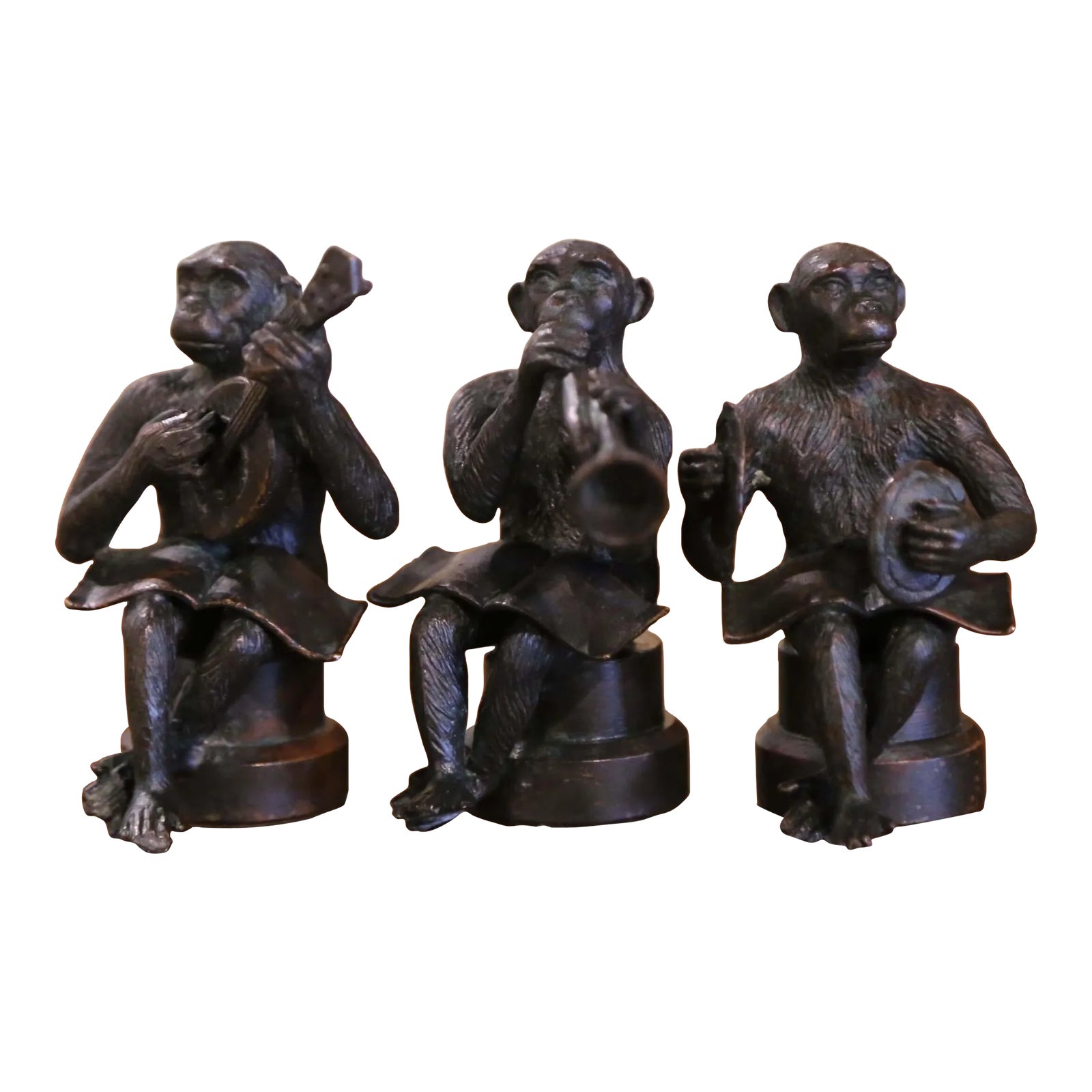 Vintage Set of Three Miniature Bronze Musician Monkeys Playing ...