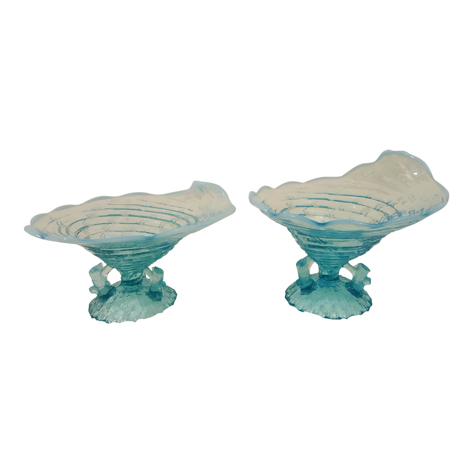 Northwood Blue Opalescent Ocean Shell Whimsey , A Pair | Chairish