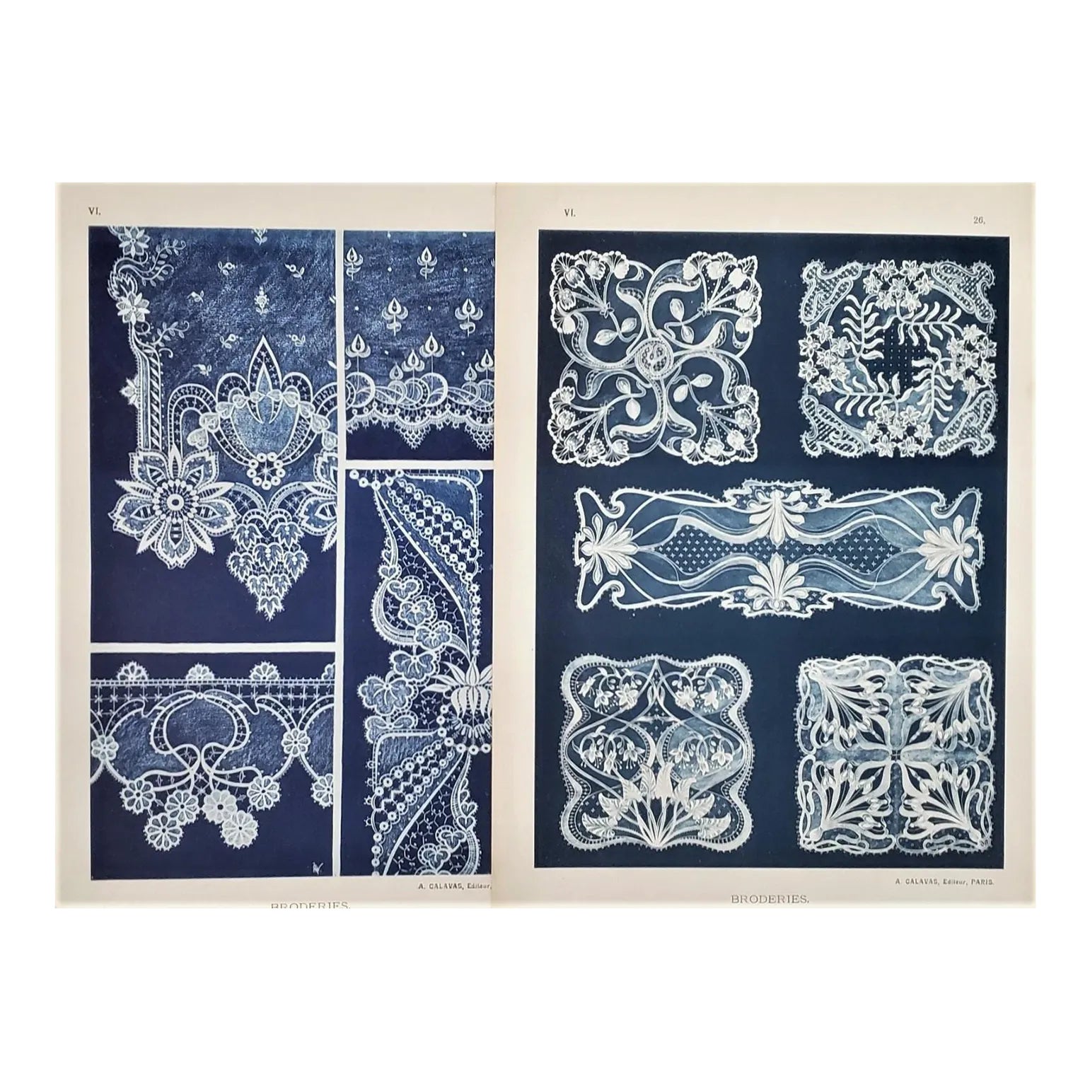 Pair-C1900 French Art Nouveau Floral Lace Design Lithographs With ...