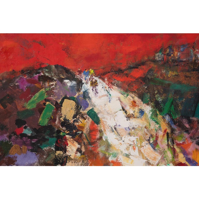 Expressionist Eleanor Coen Red Landscape With Cyclists Painting | Chairish