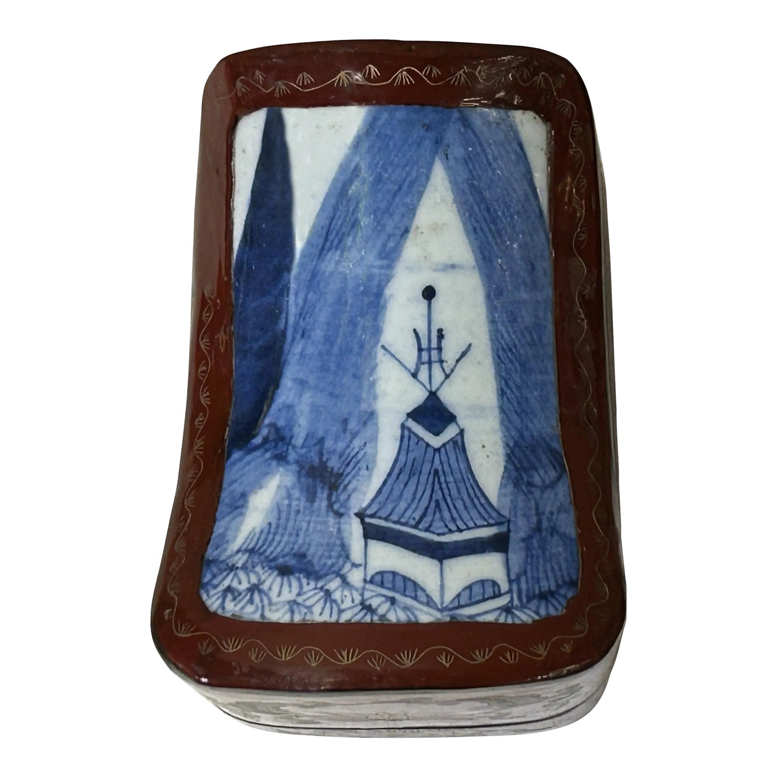 Chinese Old White Base Blue Scenery Porcelain Art Lacquer Box | Chairish