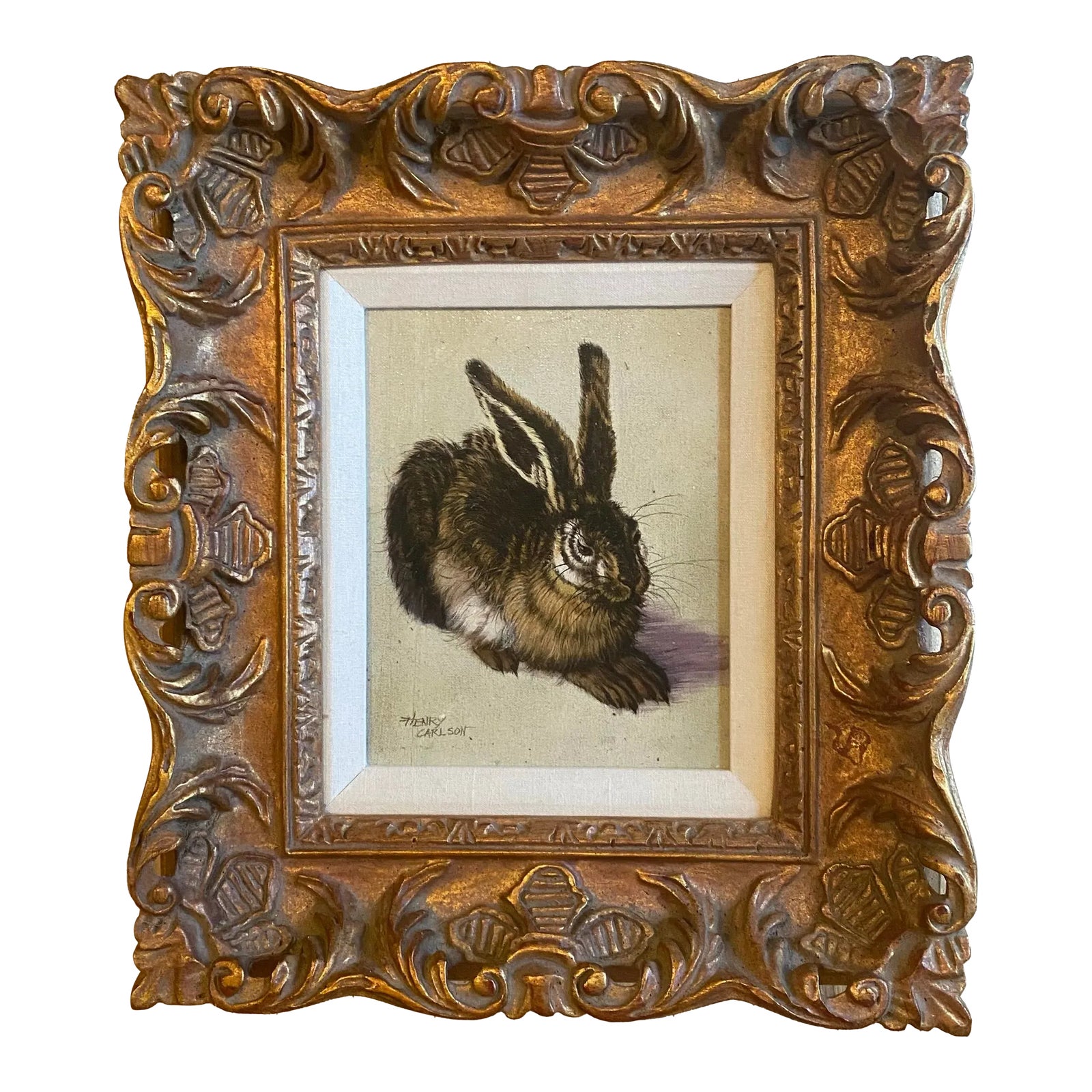 20th Century Rabbit Painting Signed Henry Carlson, Framed | Chairish