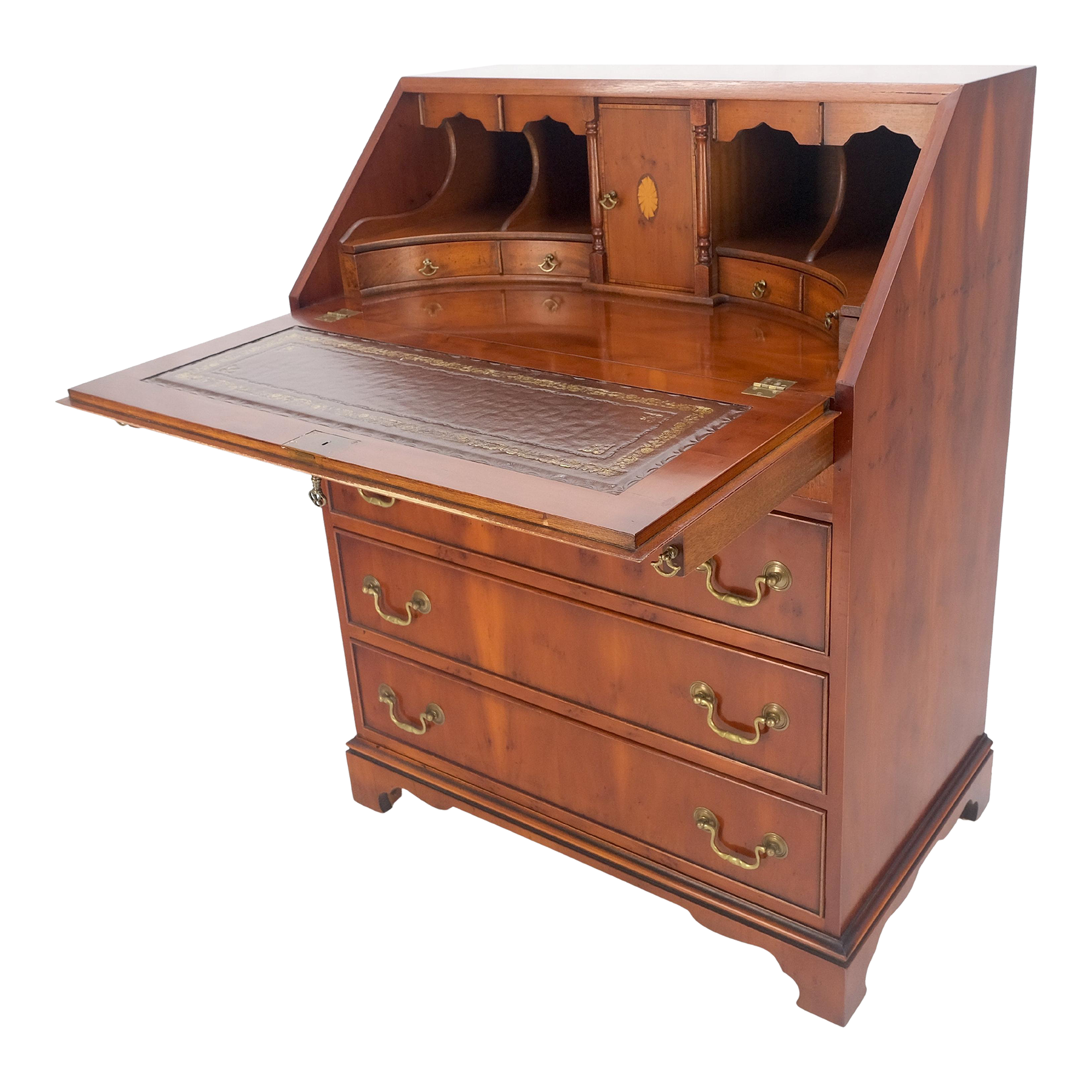 Yew Wood Leather Top Drop Front Secretary Desk 3 Drawers Brass Hardware