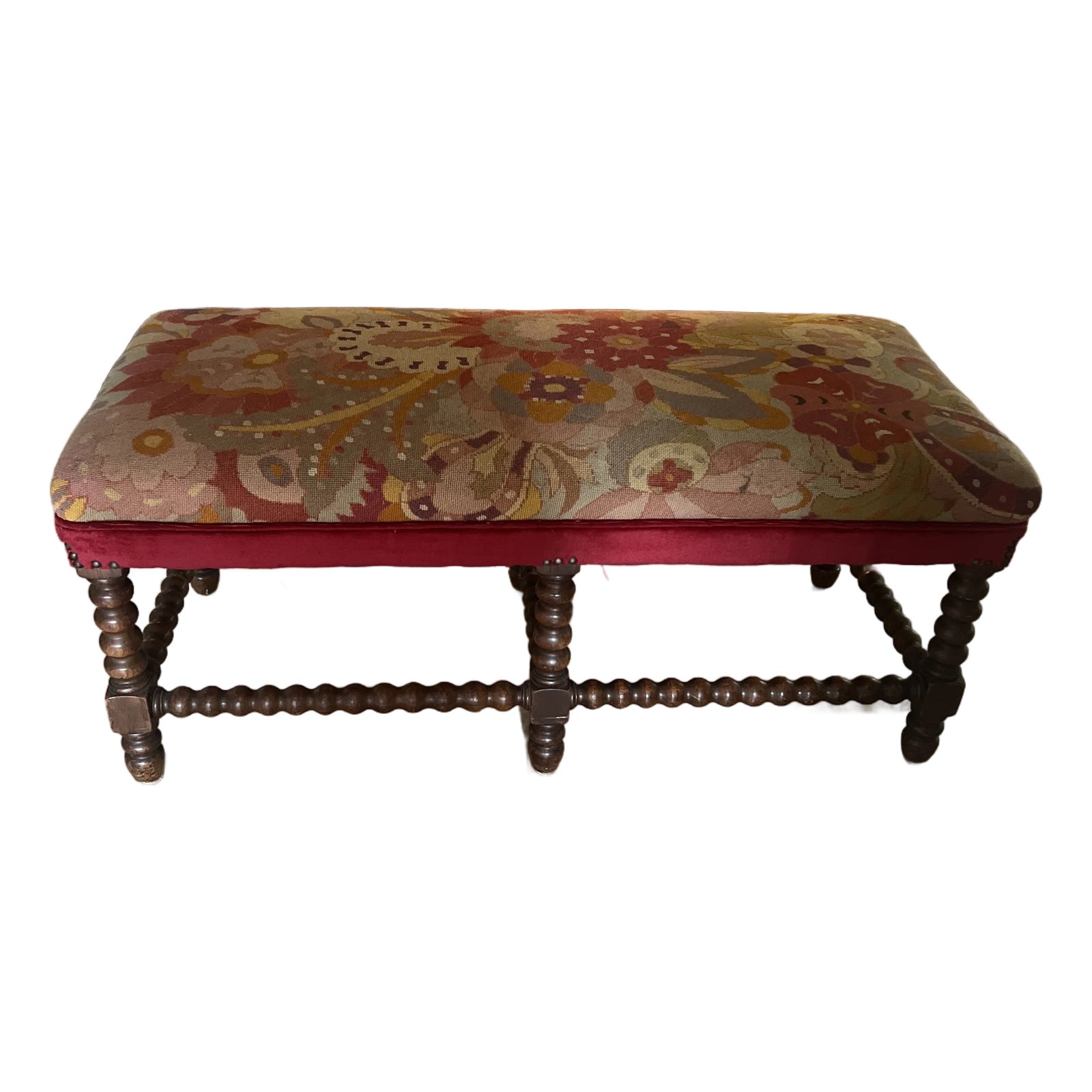 Antique English Wood Bobbin Leg Bench With Needlepoint and Velvet Seat ...