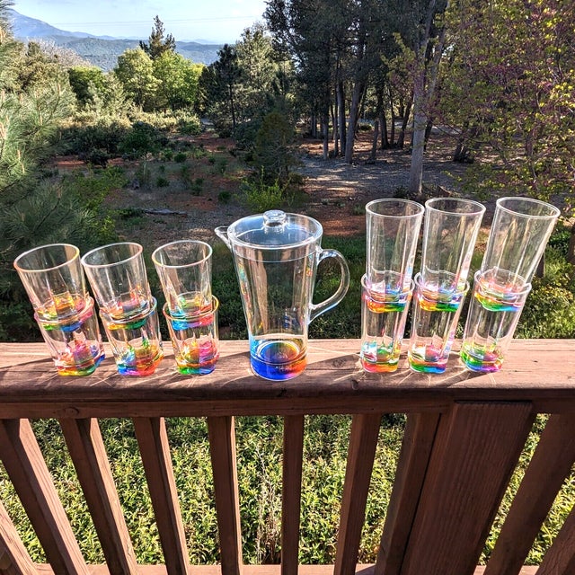 1990s Merritt International Teardrop Acrylic Rainbow Pitcher Set With ...