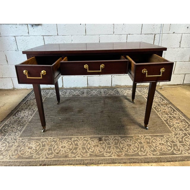 George III Style Cherry Inlaid Three Drawer Writing Table Desk. | Chairish