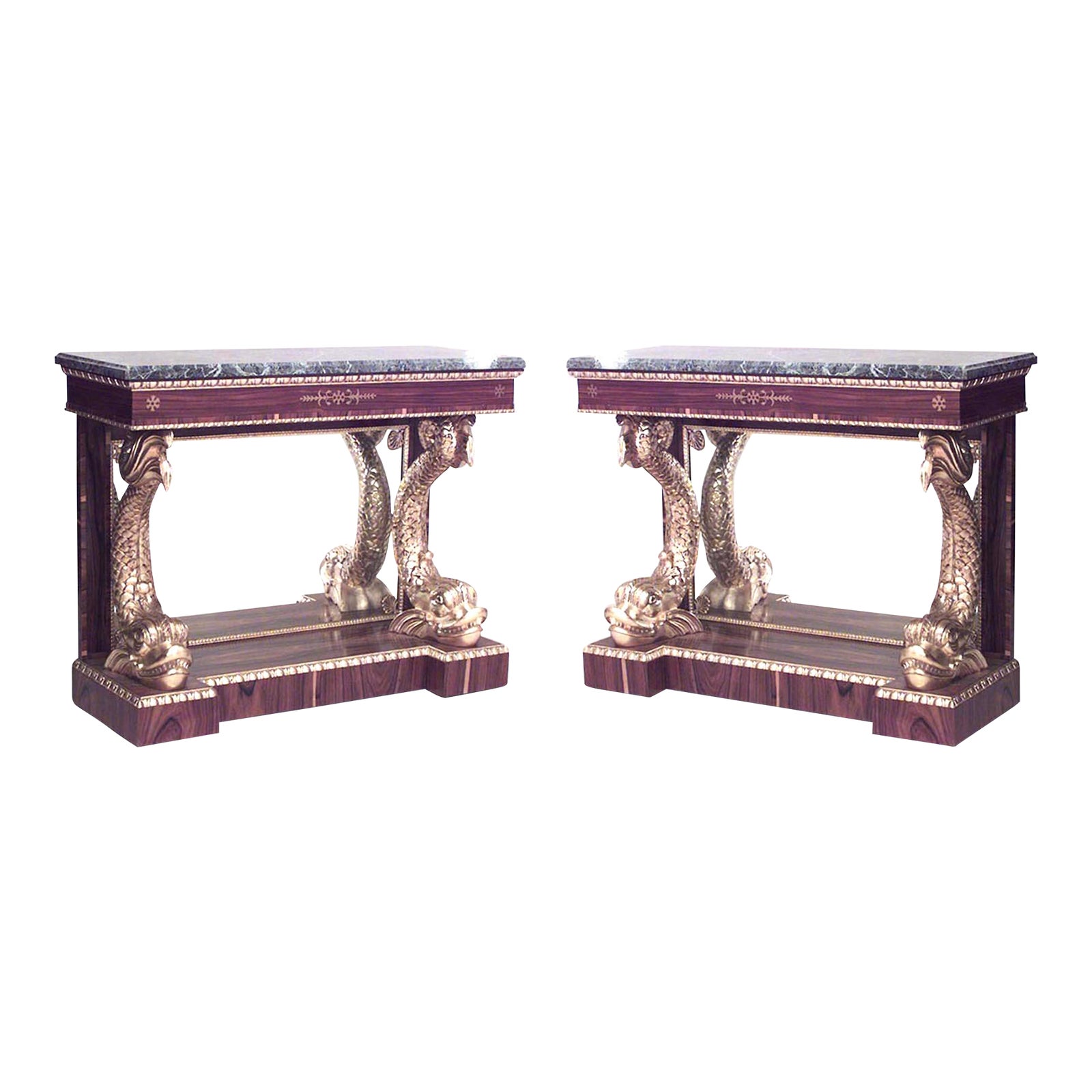 English Regency Rosewood Gilt Dolphin Console Tables - A Pair | Chairish