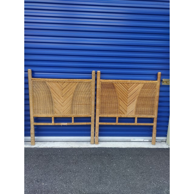 1970s Vintage Mid Century Modern Rattan Wicker Chevron Pencil Reed Twin ...