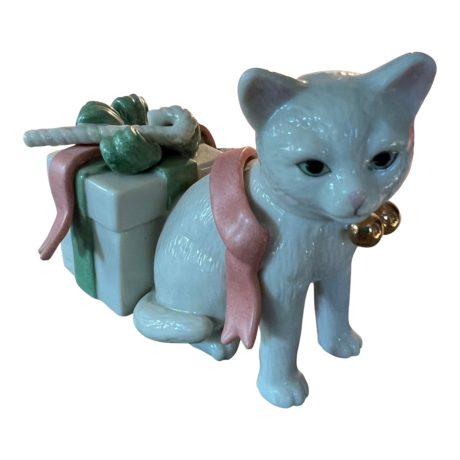 Small Lennox Ceramic Christmas Cat With Presents | Chairish