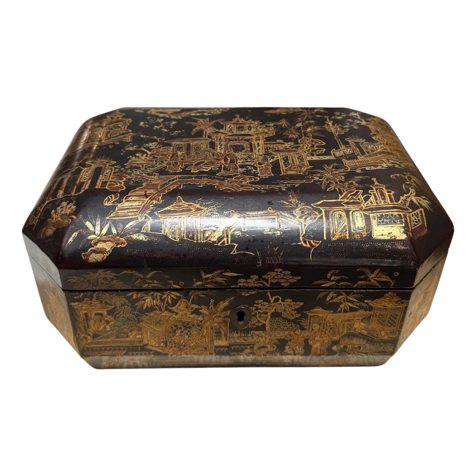 Antique Chinoiserie Paper Machete Black & Gold Tea Caddy Box | Chairish