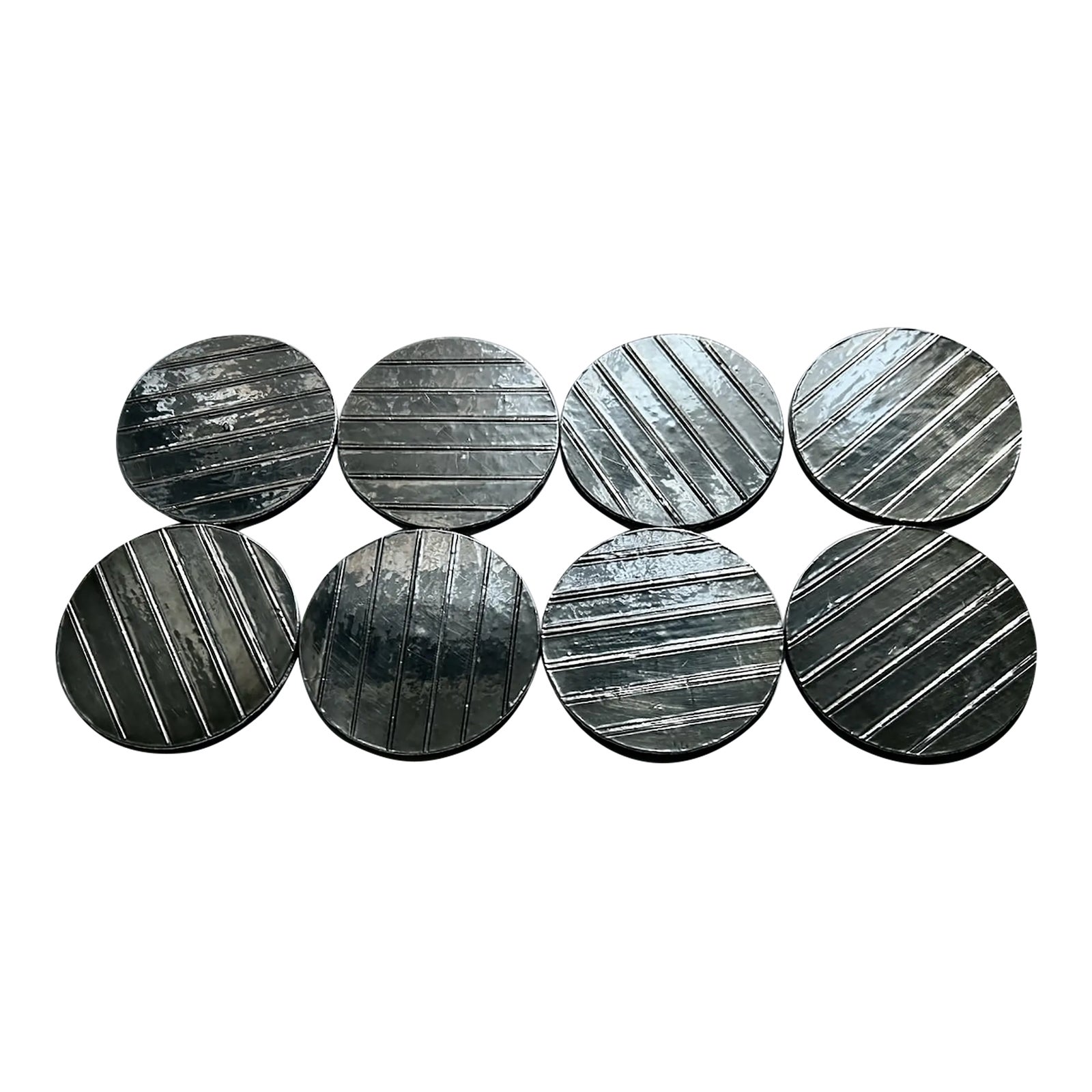 Late 20th Century French Set of 8 Stacking Velvet Backed Ridged Silver ...