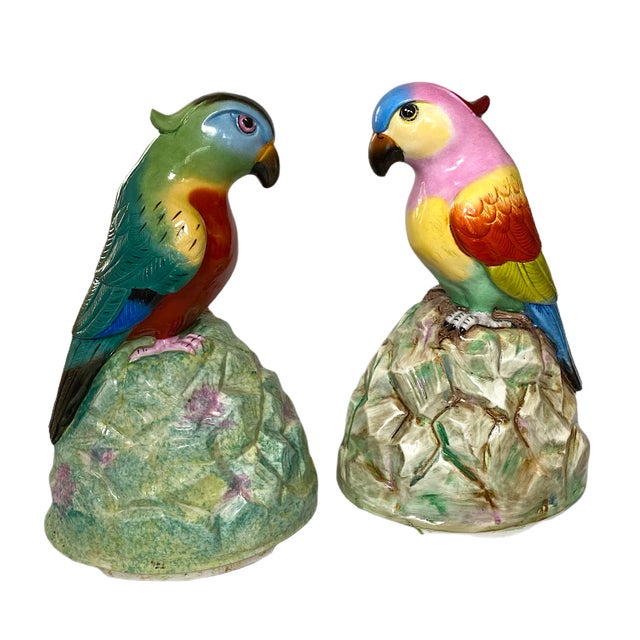 1940's Vividly Hand Painted Large Tropical Parrot Statues - a Pair ...