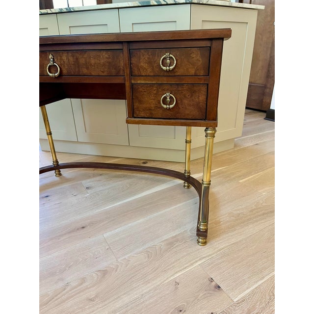 Burled Walnut, Brass and Leather Top Demilune Desk by Sligh | Chairish