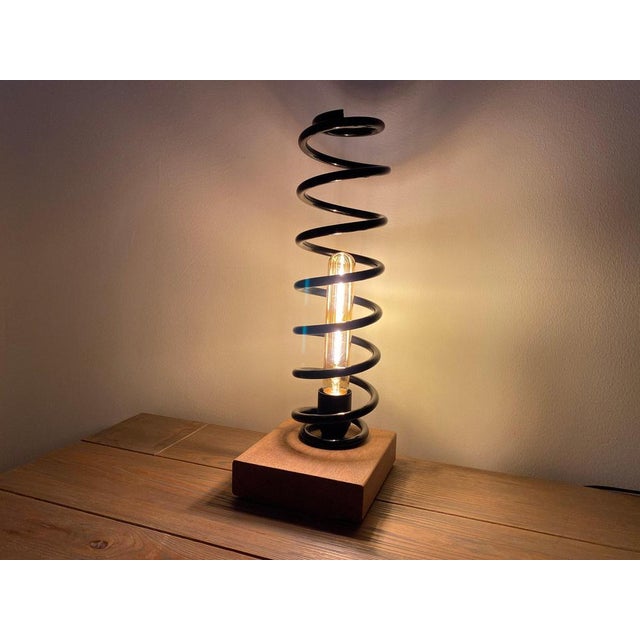Vintage Spring Lamp in Black Metal with Wooden Base, 2000s | Chairish