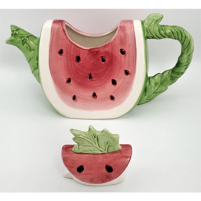 Vintage Porcelain Ceramic Watermelon Tea Pot With Green Leaf Handles ...