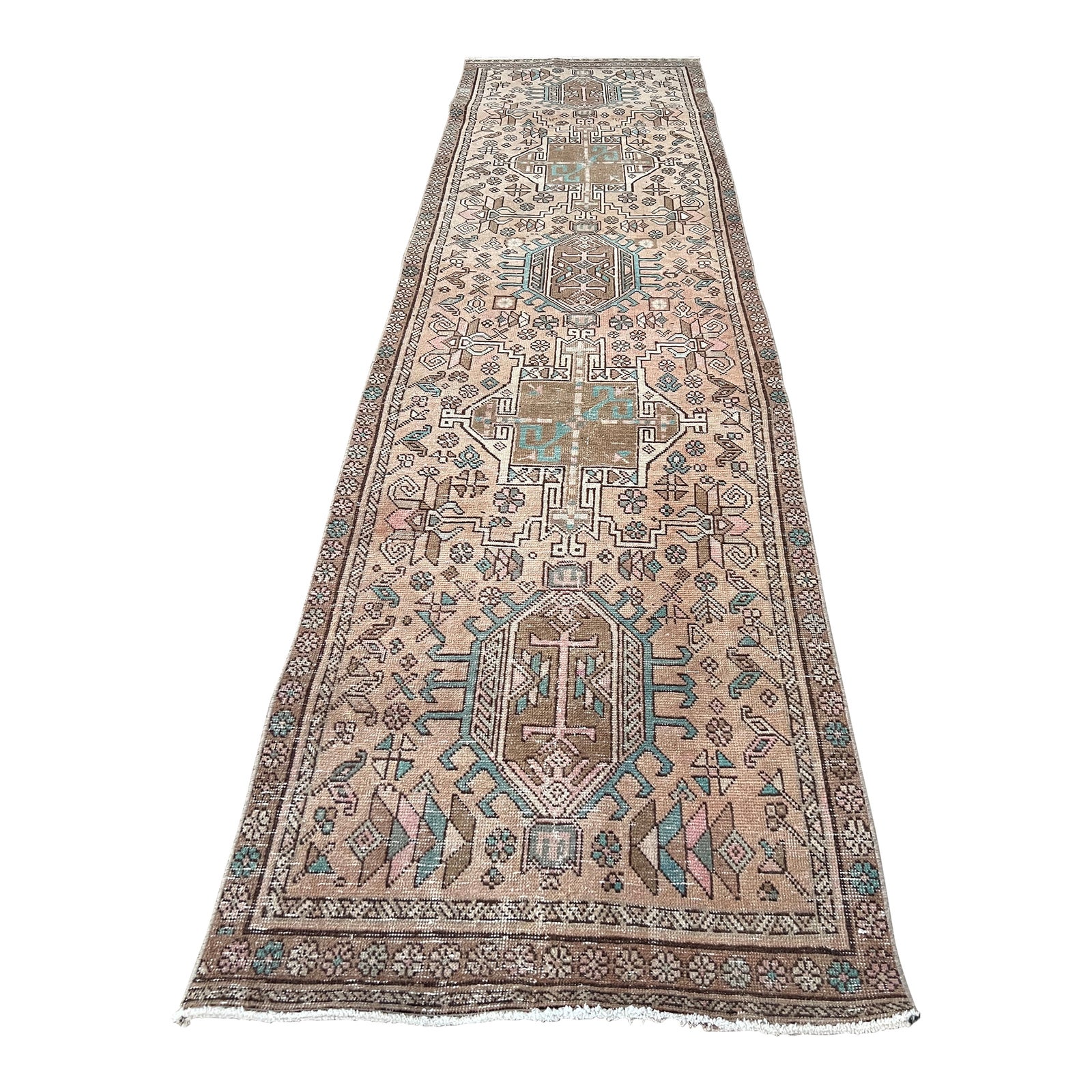 Vintage Persian Heriz Handmade Geometric Pattern Wool Runner | Chairish