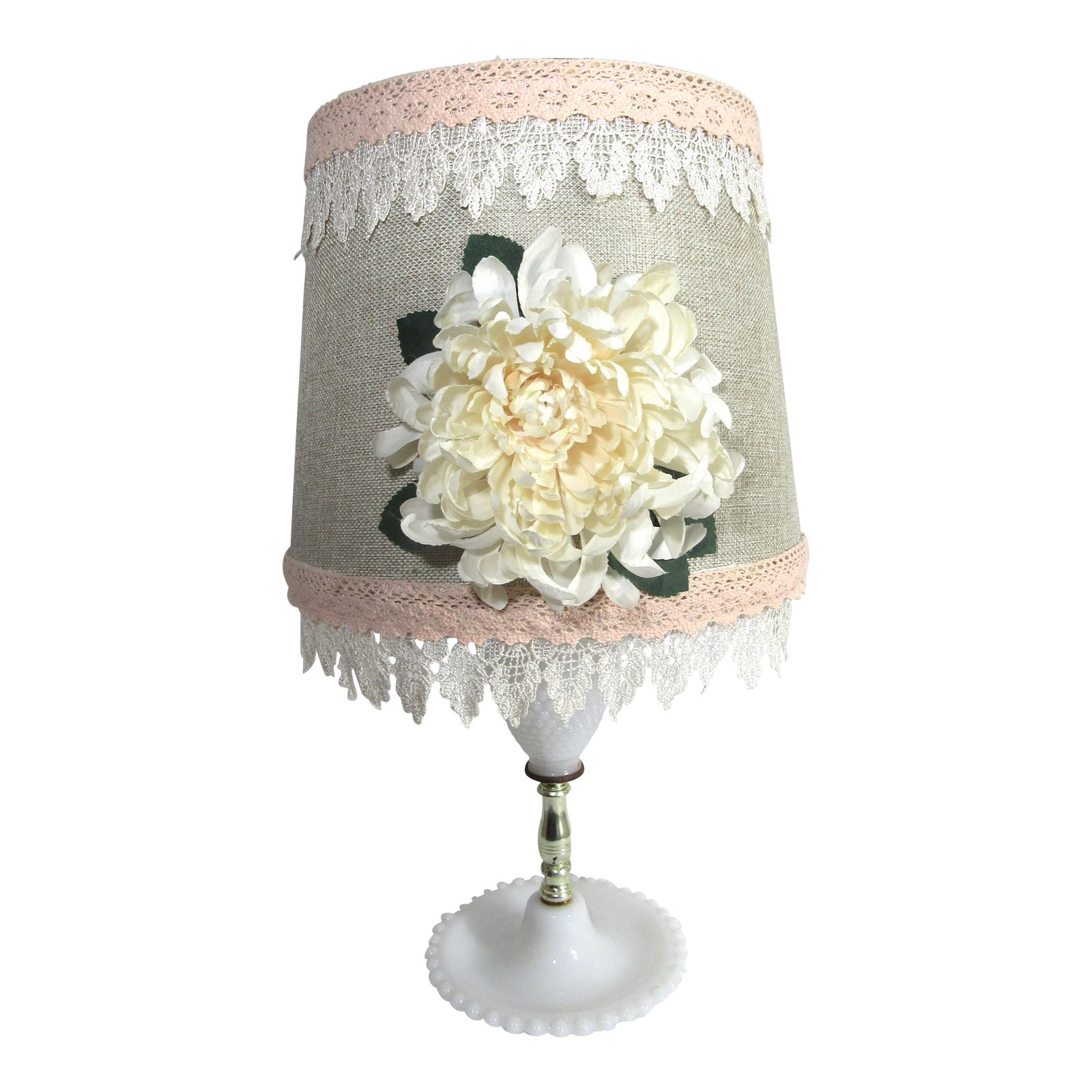 Mid 20th Century Milk Glass Table Lamp With Custom Shade Shabby Chic ...