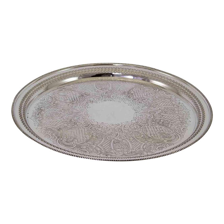 1970s New Silver Salver Round Embossed, Pierced Border | Chairish