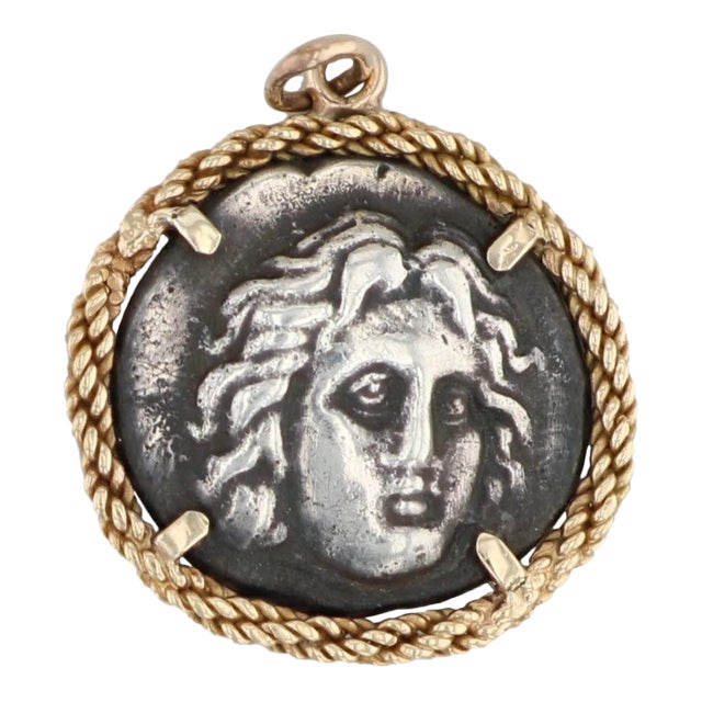 Silver Ancient Coin 14k Gold Bezel Pendant Figural Flower Charm Unknown ...