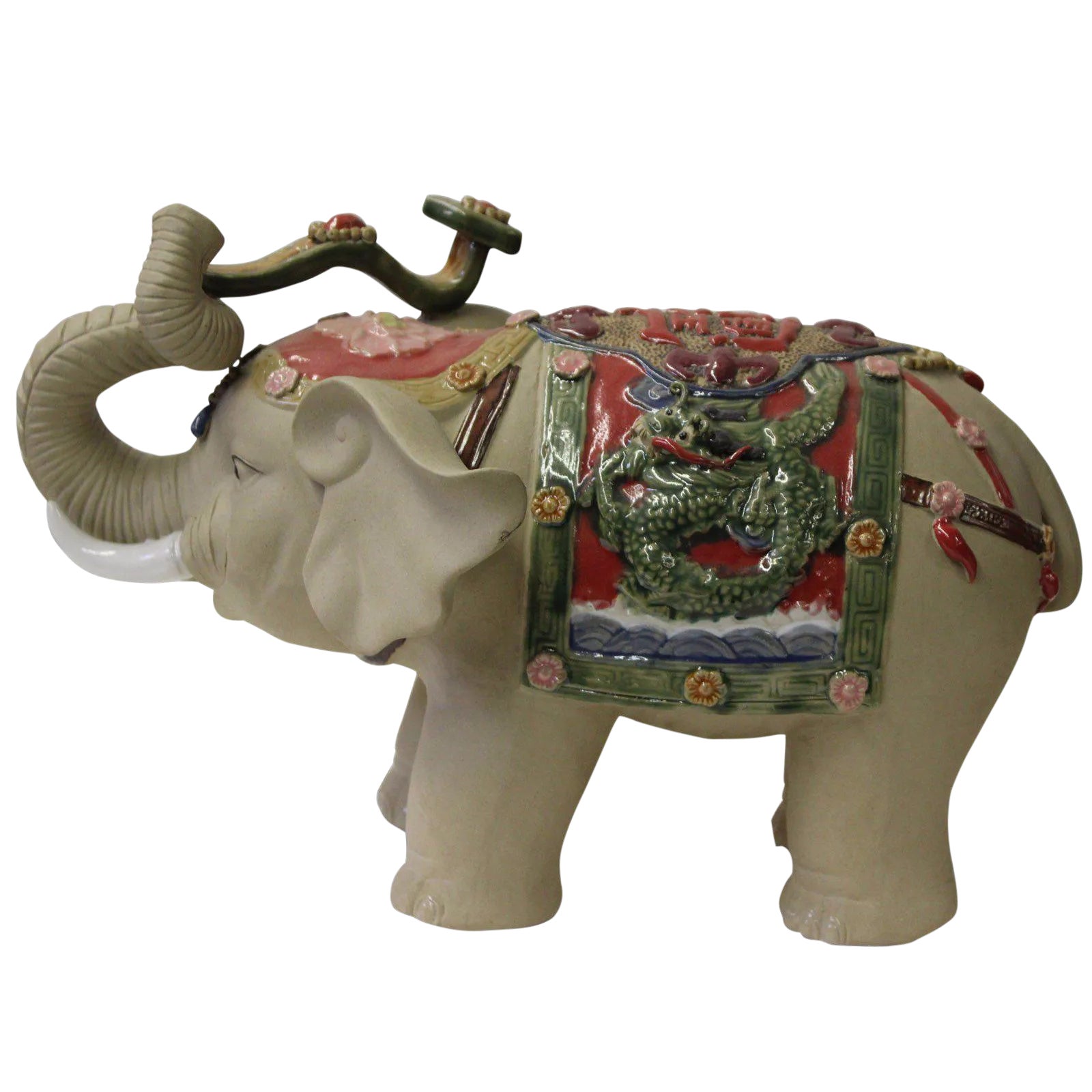Asian Detail Handmade Ceramic Elephant Trunk Holding Ru Yi & Power ...