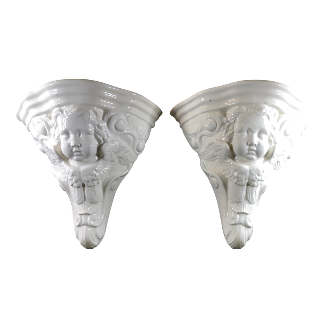 Gien White Ceramic Wall Consoles with Cherub Faces, 1980s, Set of 2 ...