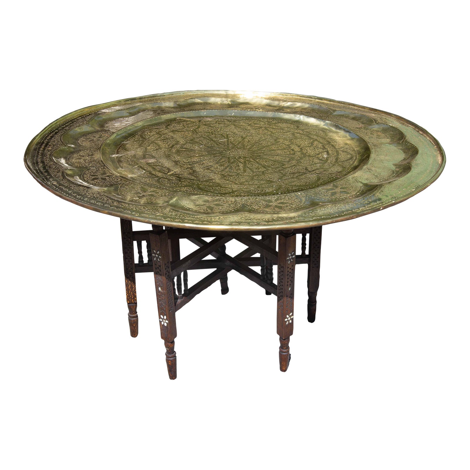 Large Moroccan or Syrian Brass Tray Coffee Table With Folding Stand ...