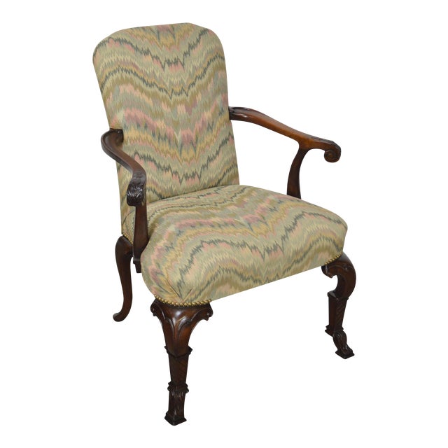 1940s Georgian Style Carved Mahogany Flame Stitch Library Arm Chair ...