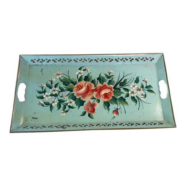 Vintage 1930s Large Painted Metal Tray With Rose Design and Etched ...