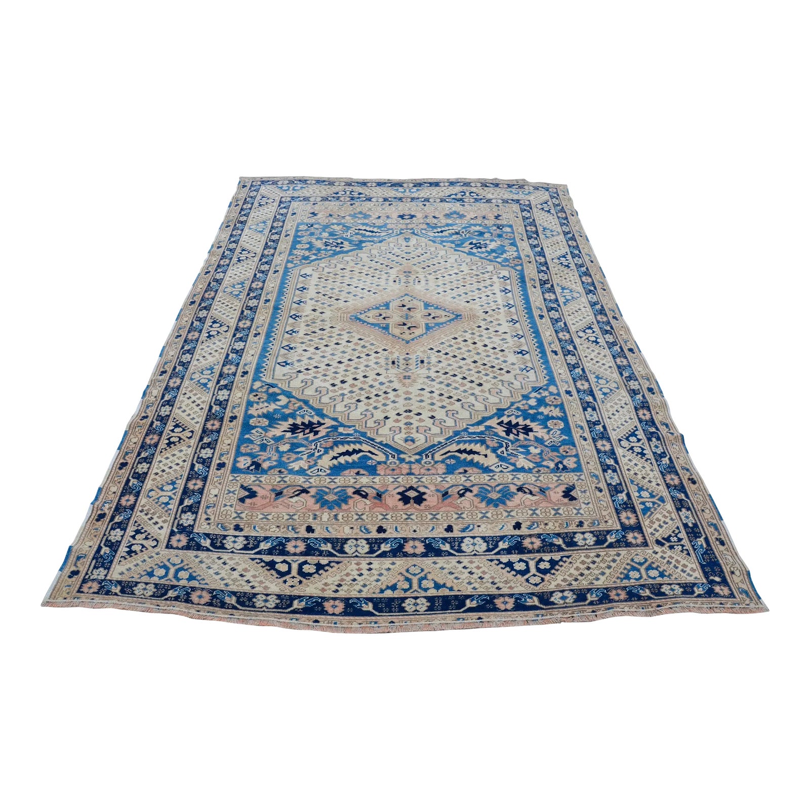 Tan and Blue Colour Turkish Rug | Chairish