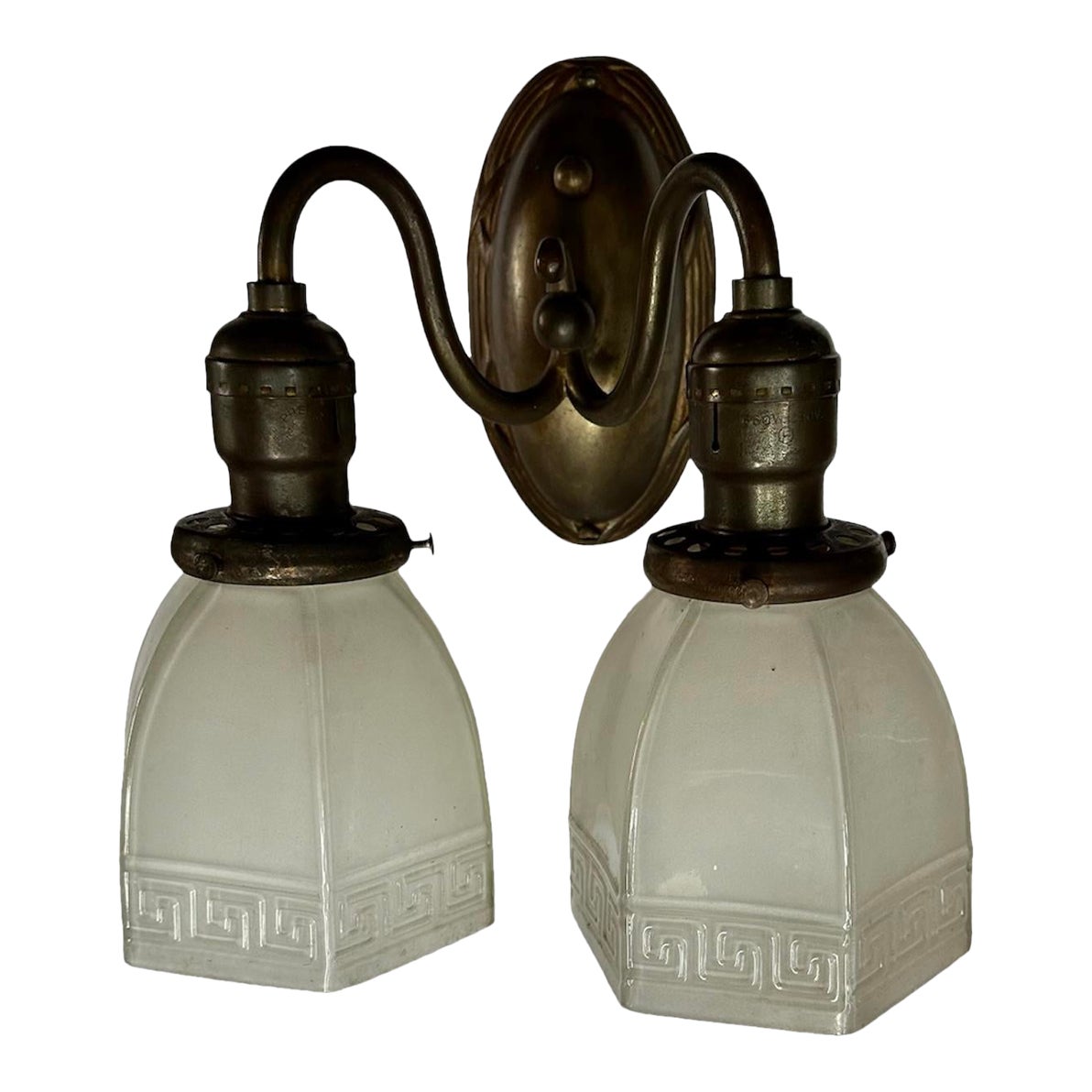Double Brass Sungle Sconce With Frosted Greek Key Pattern Glass Shades ...