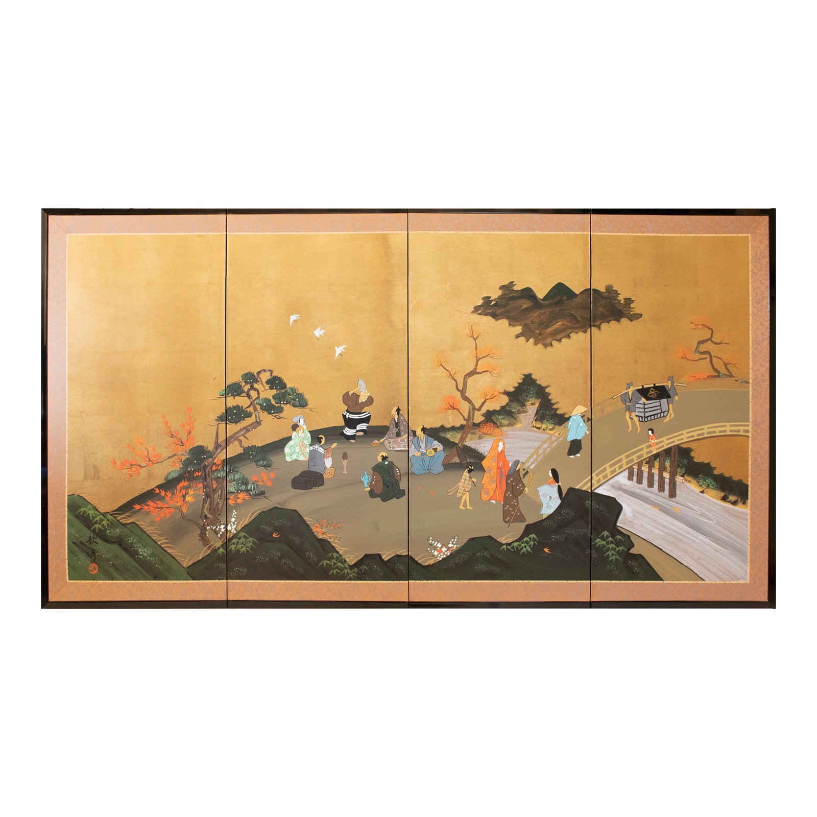 1960s Shōwa Era Japanese Byobu Screen "Autumn Festival Scene by the ...