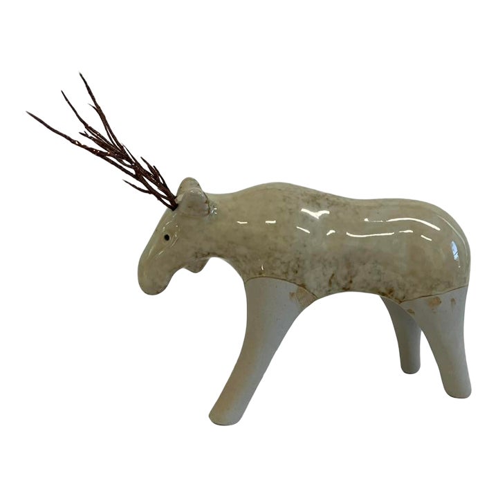 Late 20th Century Modernist Ceramic Moose Sculpture With Twig Antlers ...