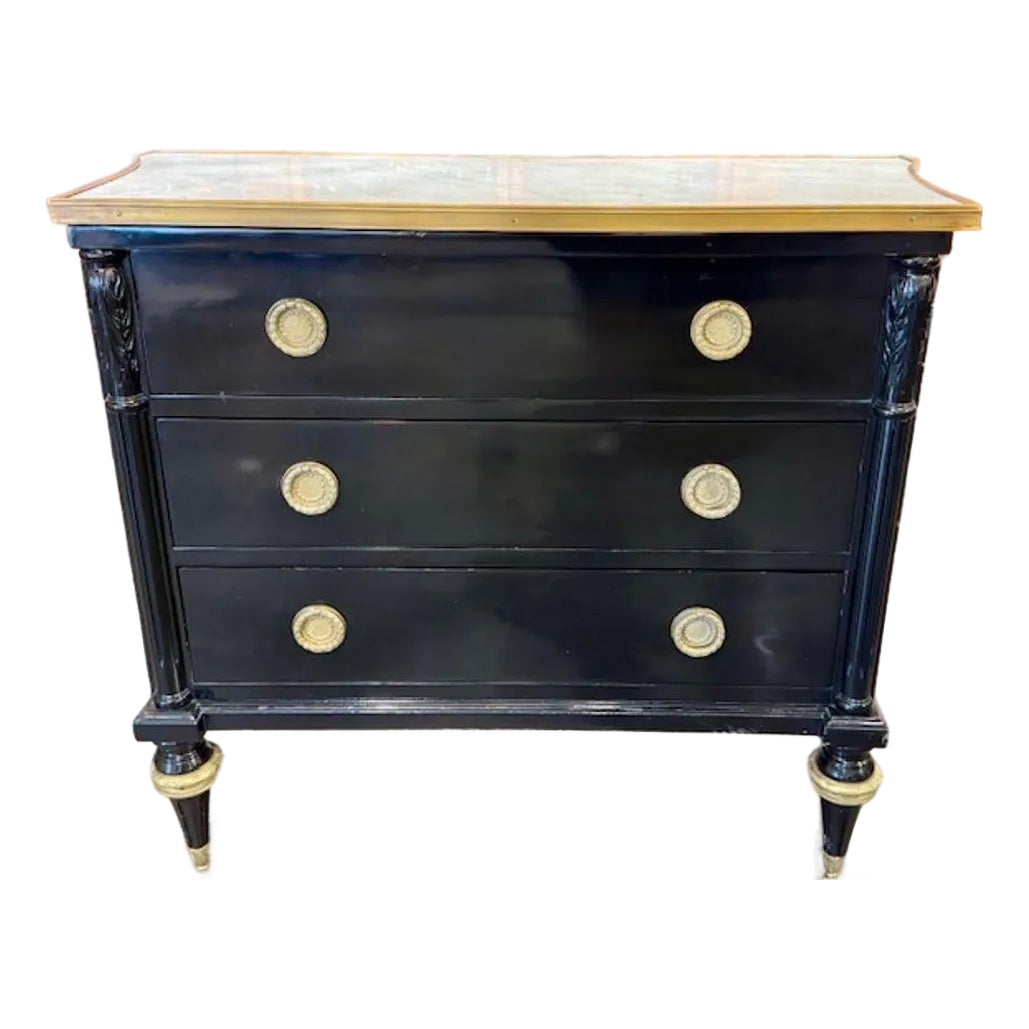 Vintage French Piano Black Chest With a Marble Top and Brass Details ...