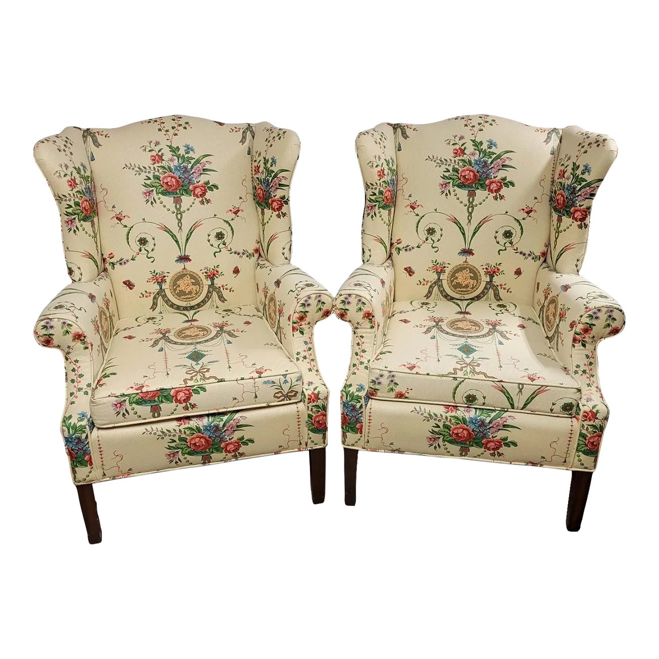 20th C Traditional Designer Waverly Fabric Custom Wingback Chairs - a ...